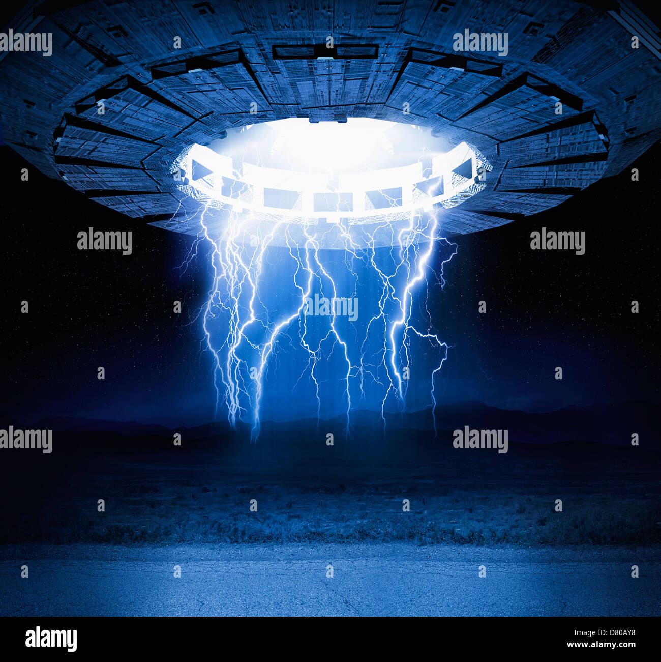 Illustration of lightning bolts and spaceship Stock Photo - Alamy