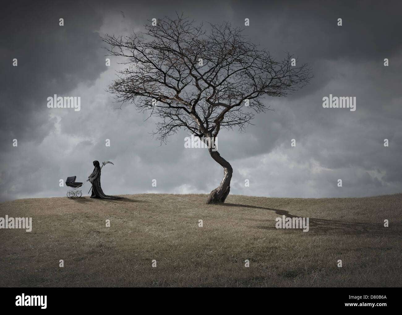 Man in black robes with baby carriage by dead tree Stock Photo - Alamy