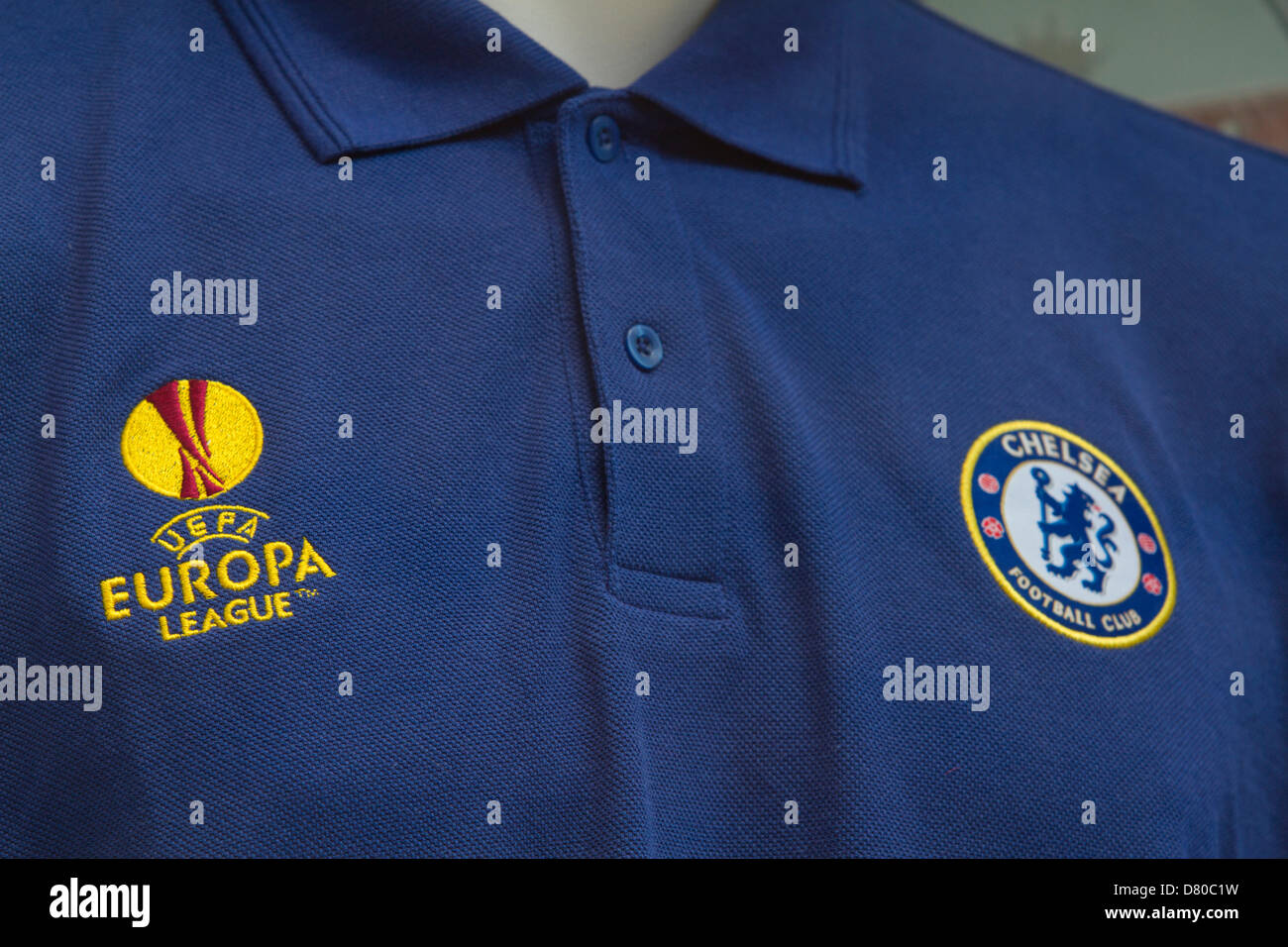 London UK. 16th May 2013. A shirt with the stitched logos of the Uefa ...