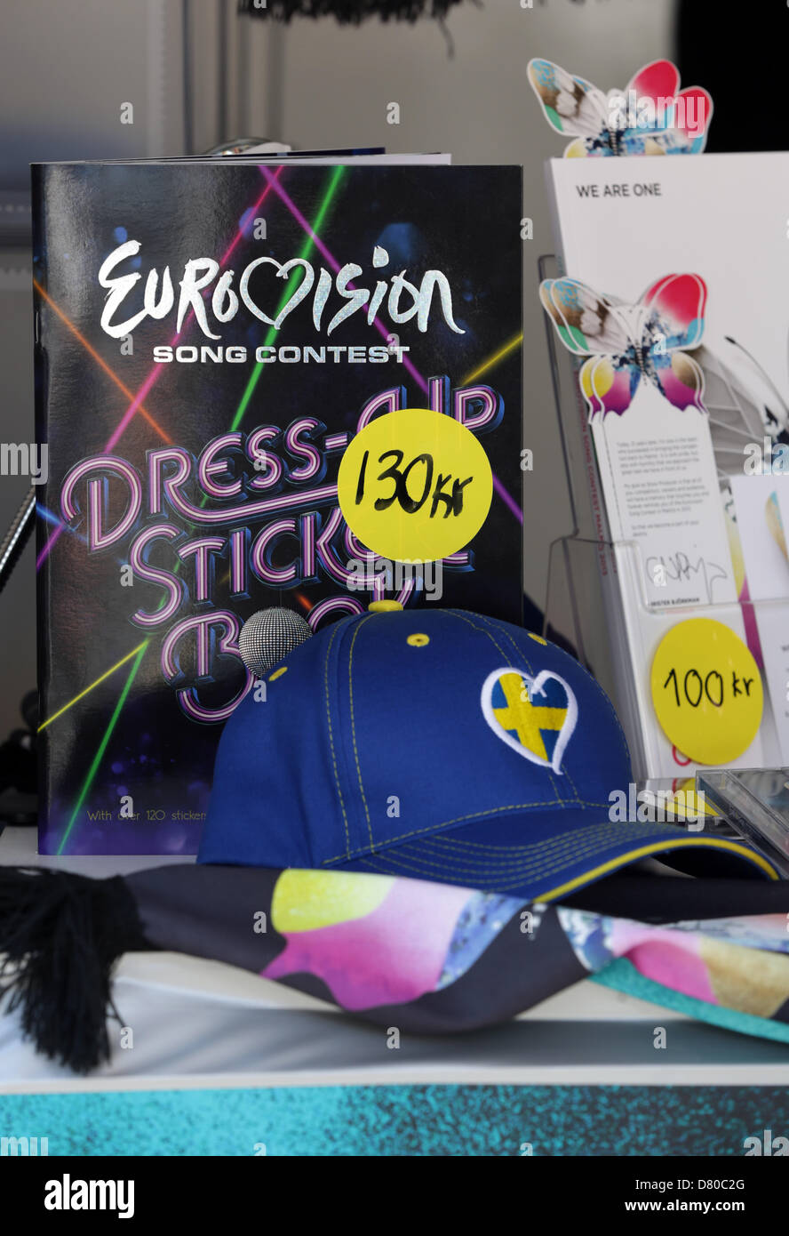 Some merchandise goods of the Eurovision Song Contest are displayed in ...