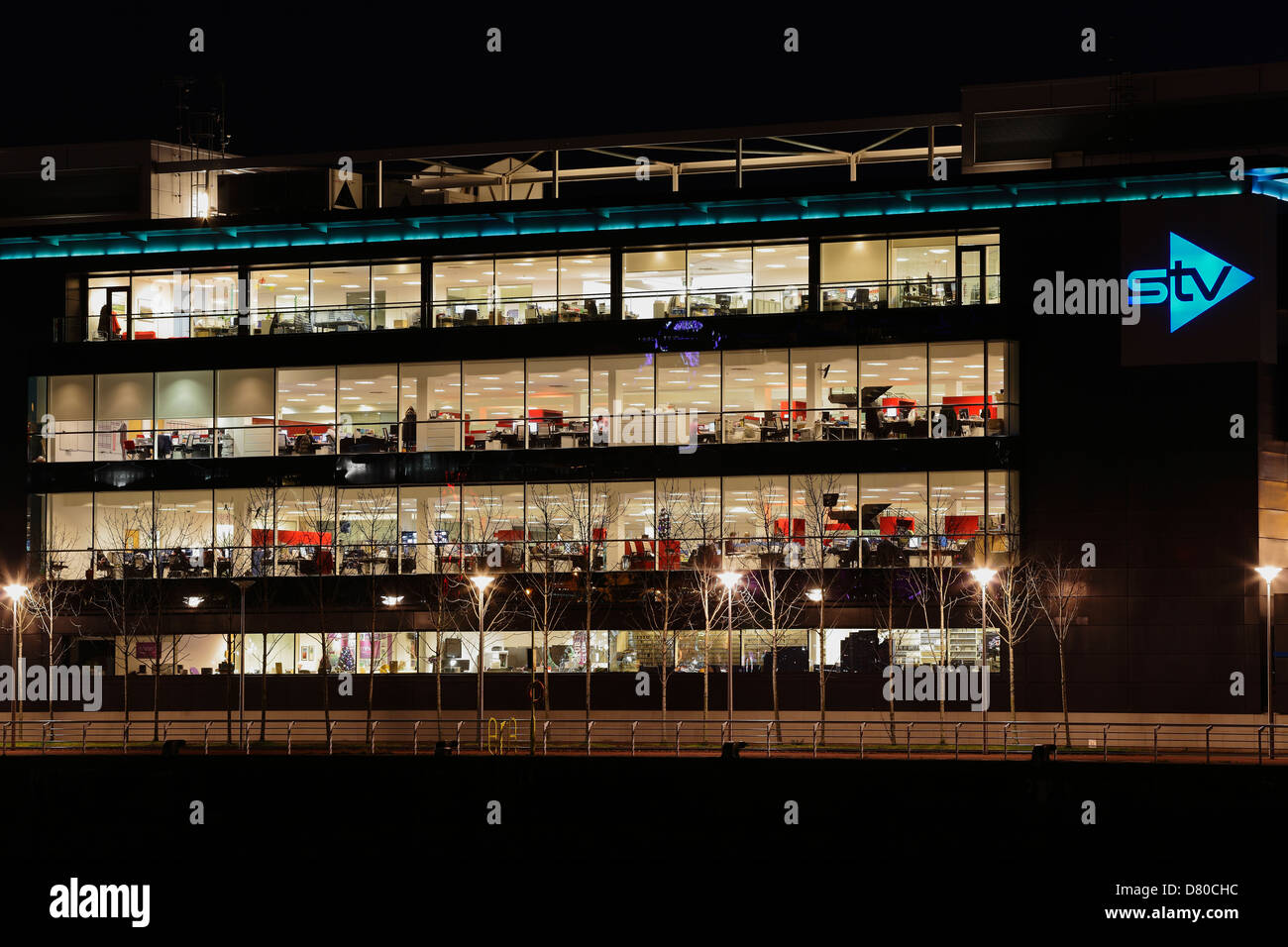 The STV Headquarters illuminated on Pacific Quay in Glasgow at night ...