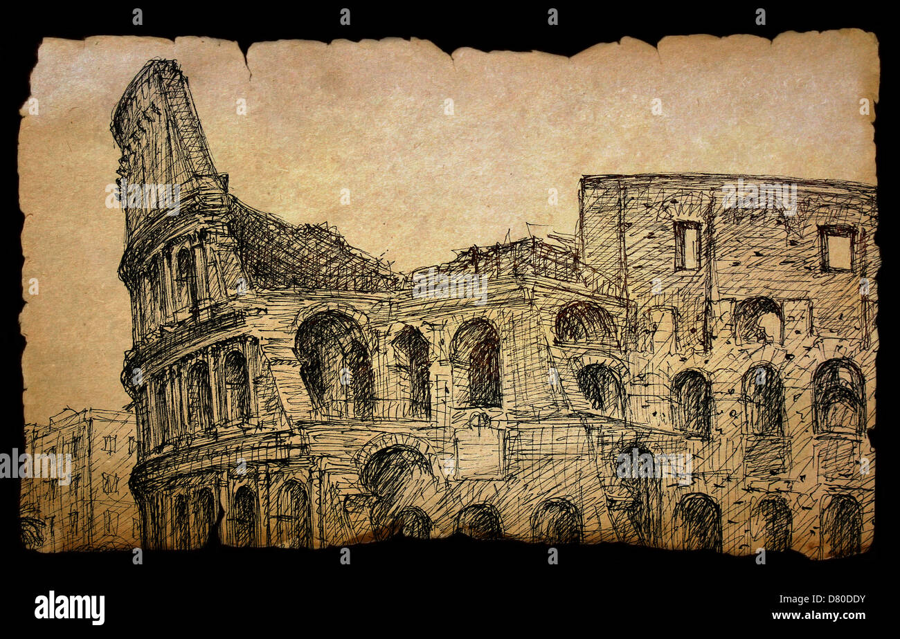 Roman cityscape of the Colosseum painted by ink on old paper, isolated ...