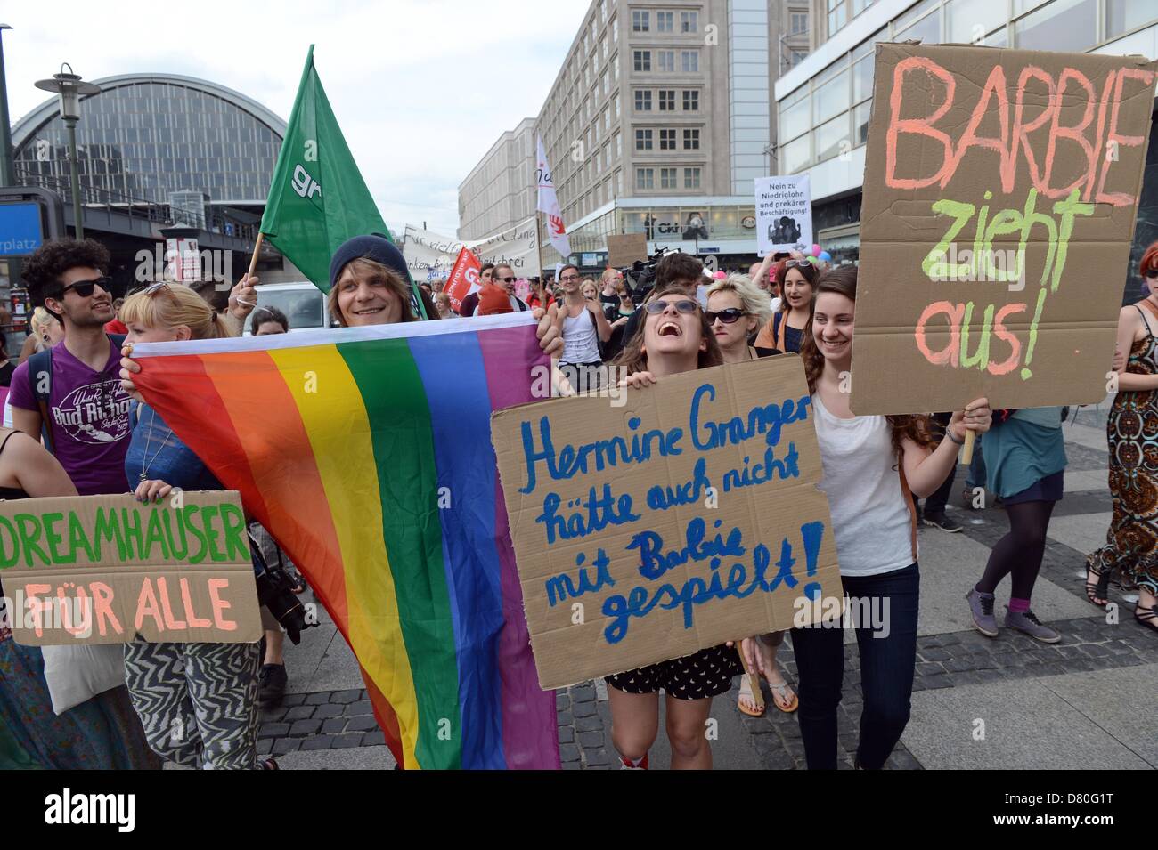 People protest during the opening of the Barbie Dreamhouse Experience ...