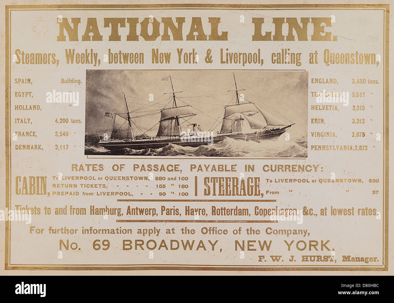 National Line. Steamers, Weekly, between New York & Liverpool, calling ...