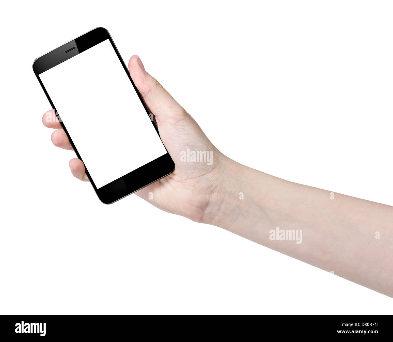 female teen hand showing touch device, isolated in white with blank ...
