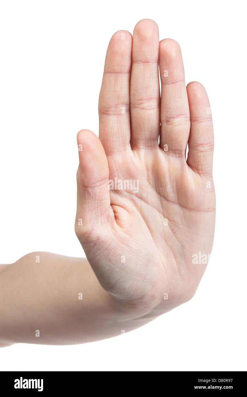female teen hand up stop sign, isolated on white Stock Photo - Alamy