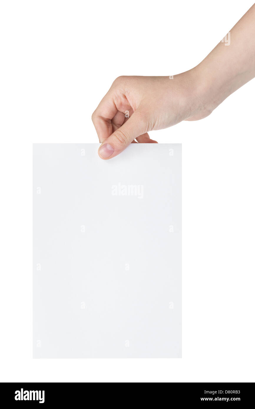 female teen hand holding blank paper a5 sheet, isolated on white Stock ...