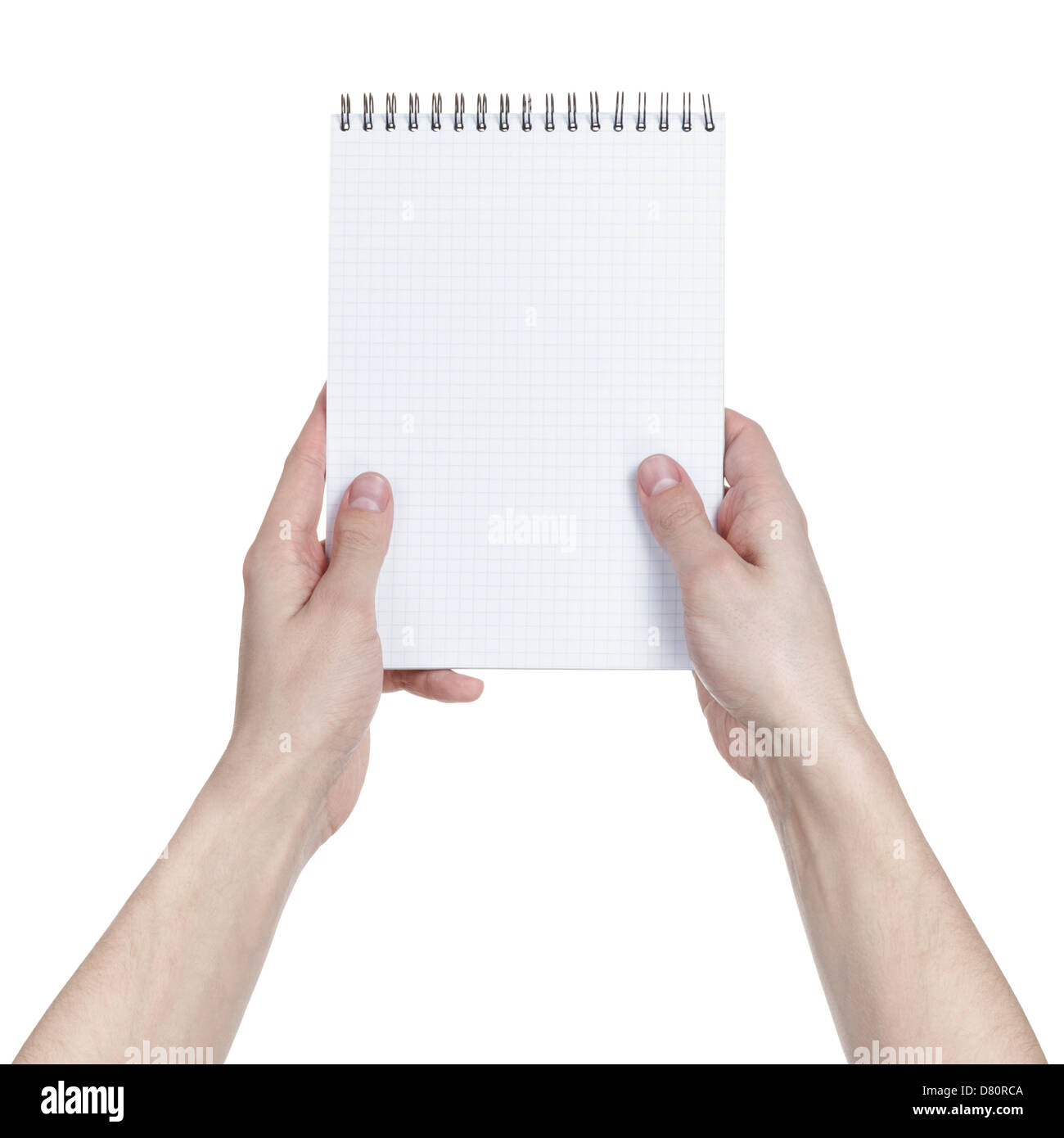 adult man hands holding notebook on a spring with blank page to write ...