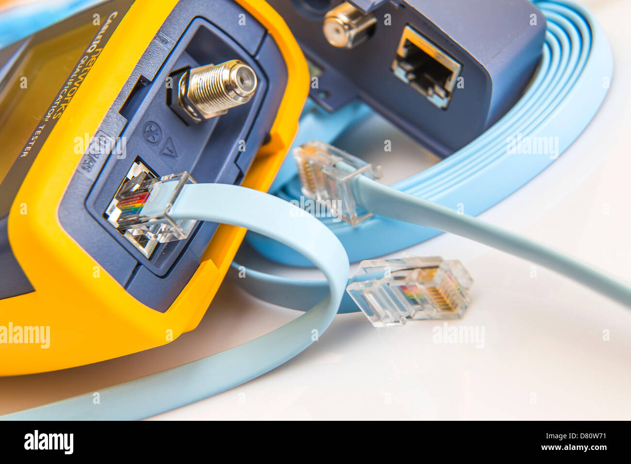 network cable tester for RJ45 connectors with cable connected for ...