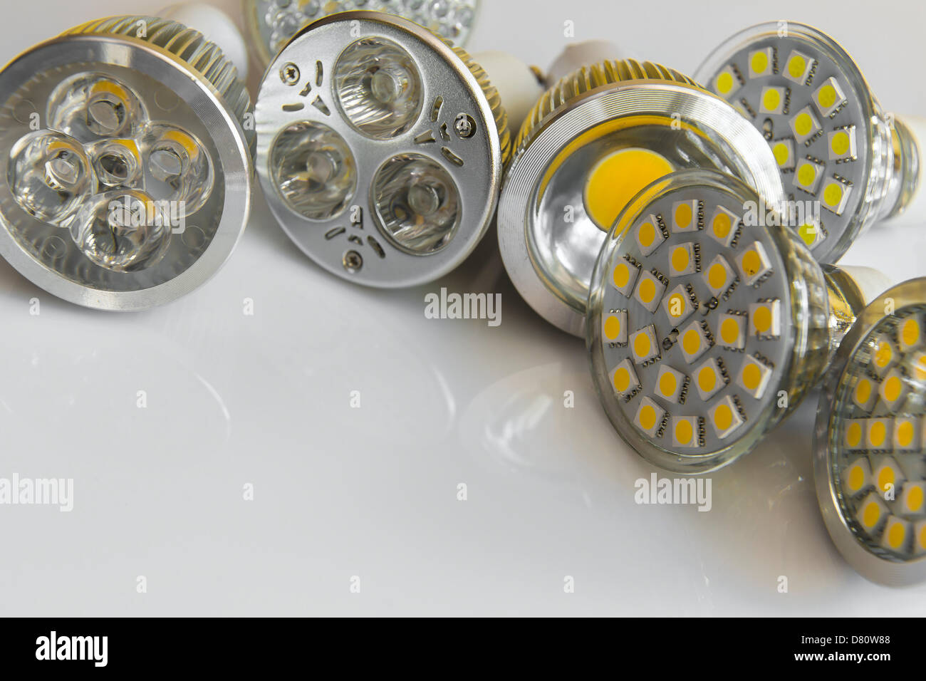 GU10 LED bulbs with different beam guidelines and cooling Stock Photo ...