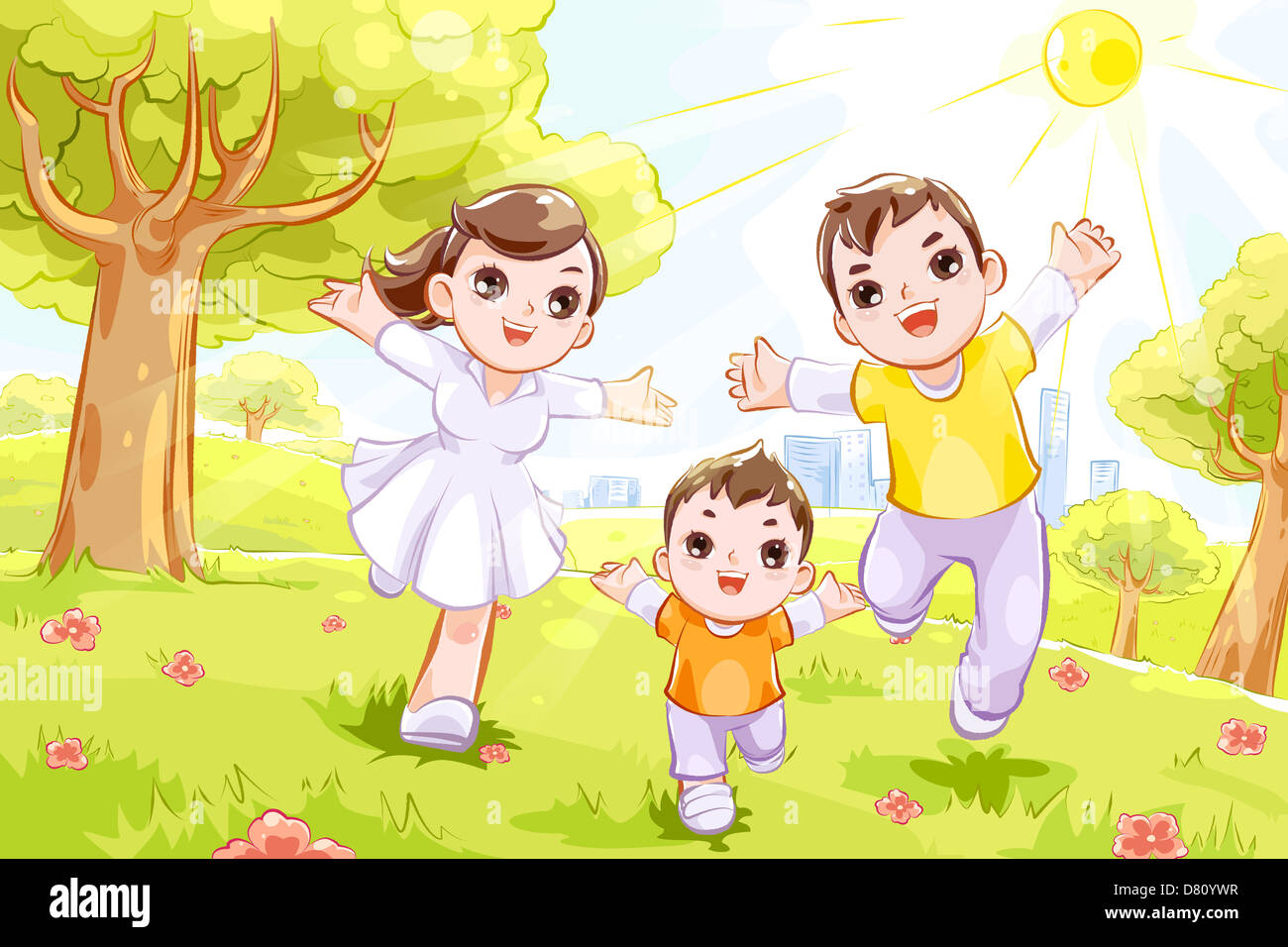 Happy family running in park Stock Photo - Alamy