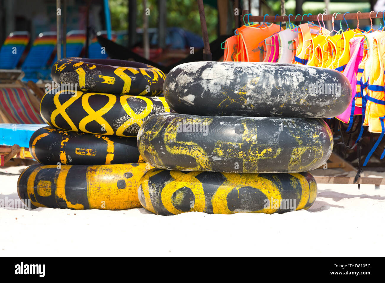 Colorful Inner Tubes on Serendipity Beach in Sihanoulville, Cambodia ...