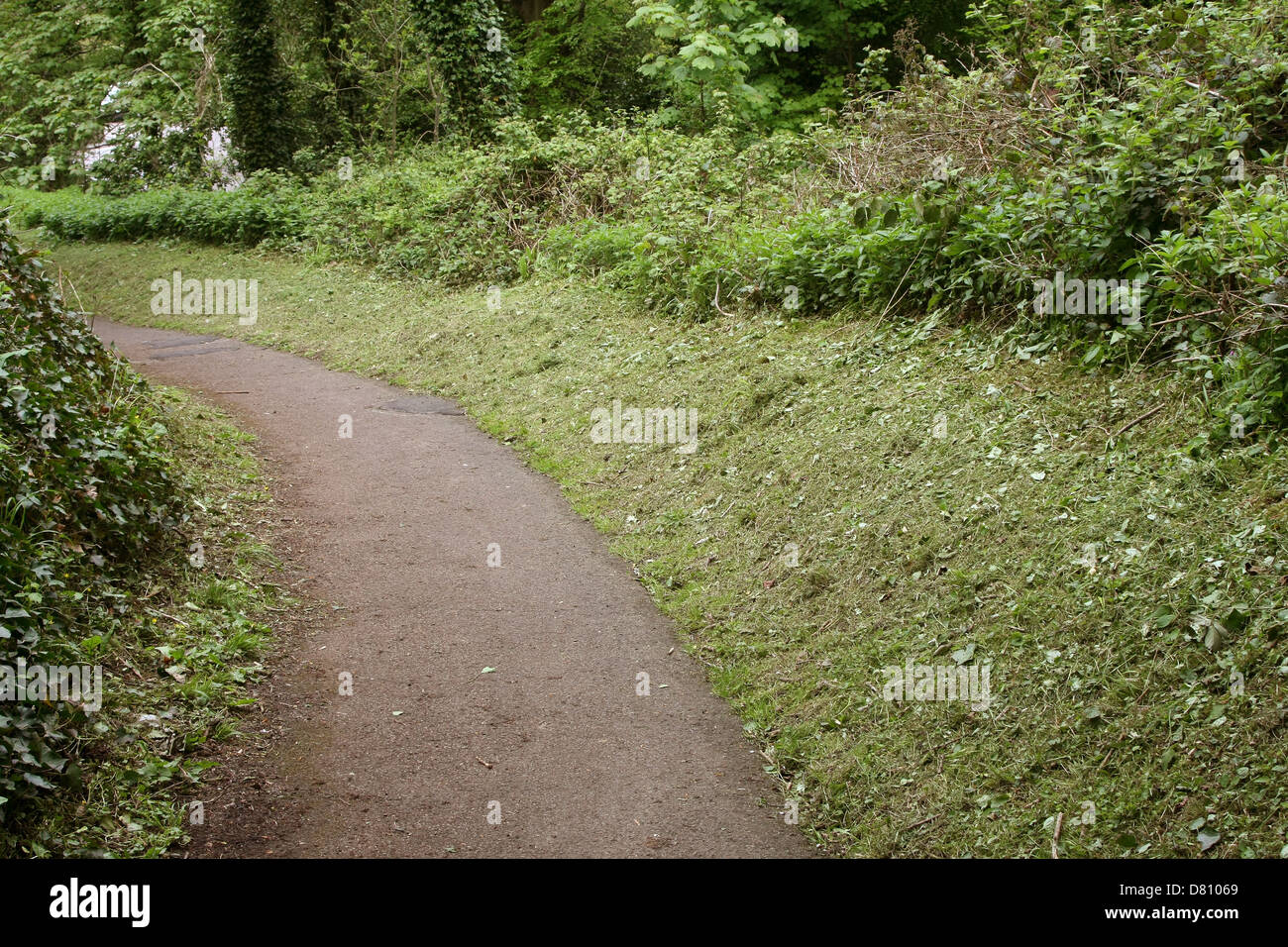 Asphalt footpath where the grass sloping sides have been recently cut ...