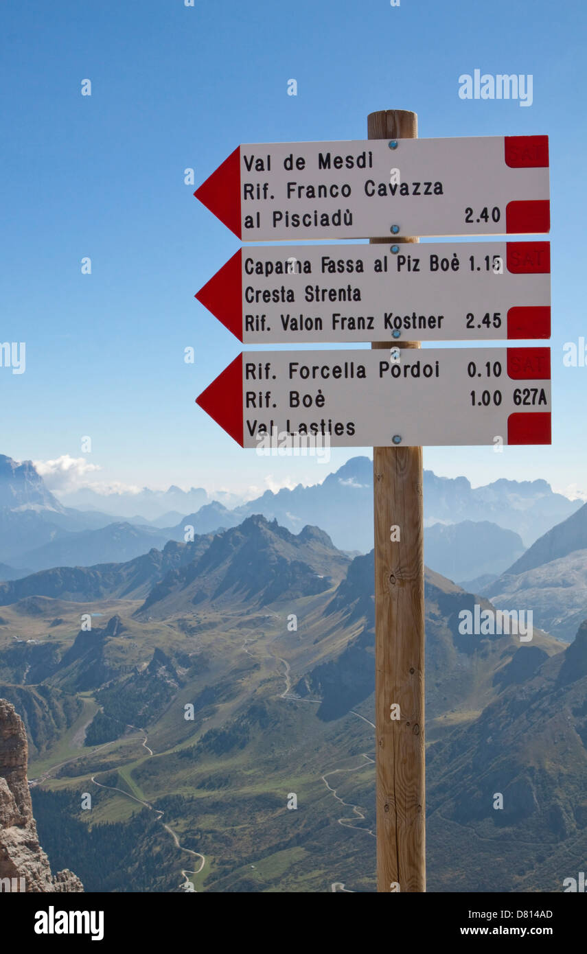 Mountain Signpost in the Dolomites with Mountains in the background ...