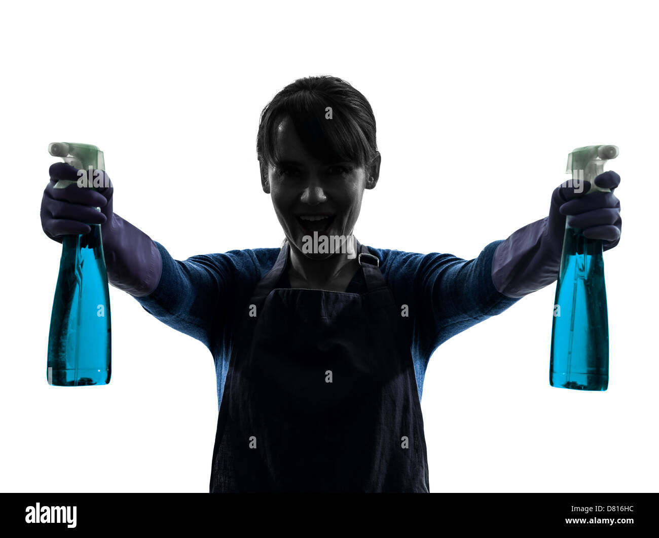 one woman maid window cleaning sprayer in silhouette studio isolated on ...