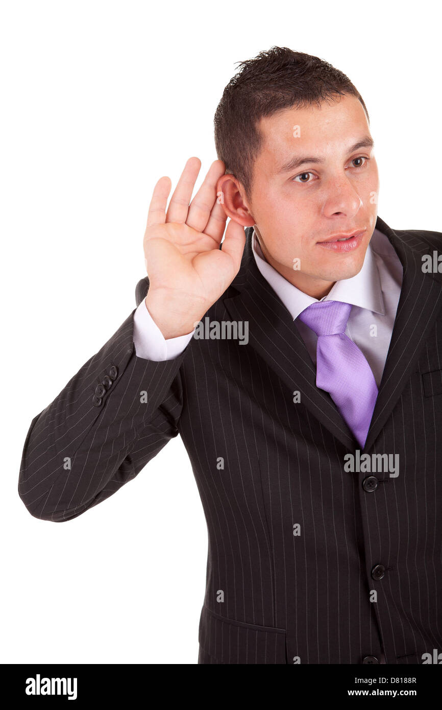 Business man trying to hear, isolated over white Stock Photo - Alamy