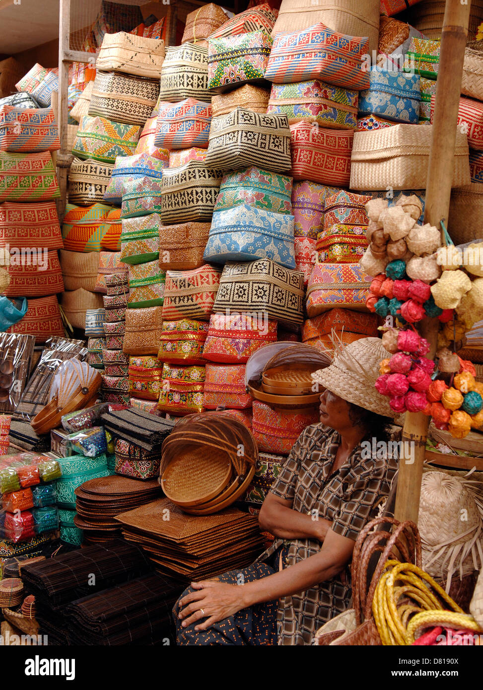 Woman selling baskets, Market stall in Ubud, Bali, Indonesia Stock ...