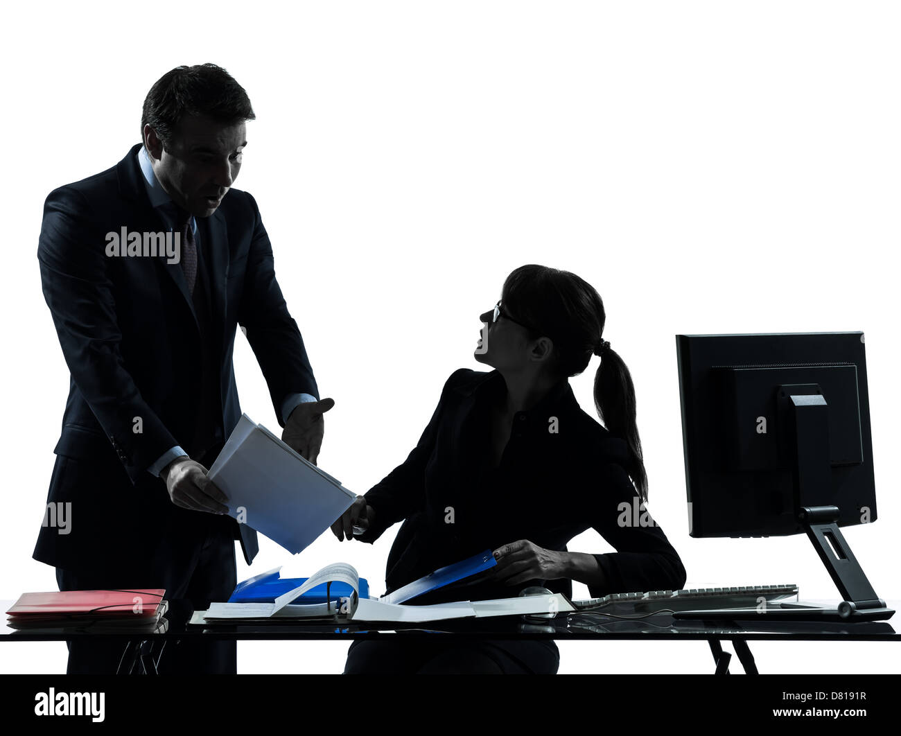 one business woman man couple dispute conflict in silhouette studio ...