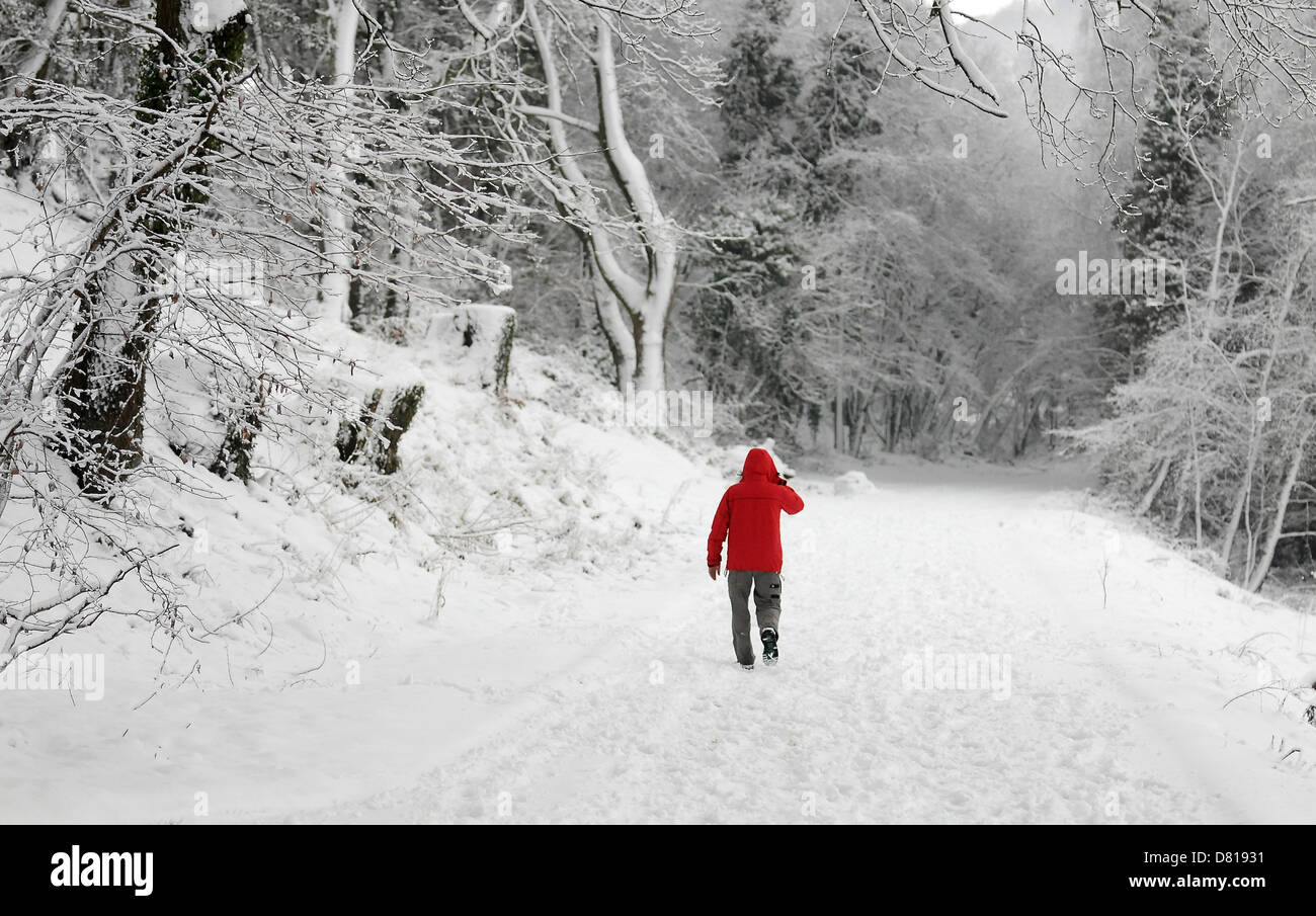 A man wearing a red coat walks through snow in Pontypridd Stock Photo ...