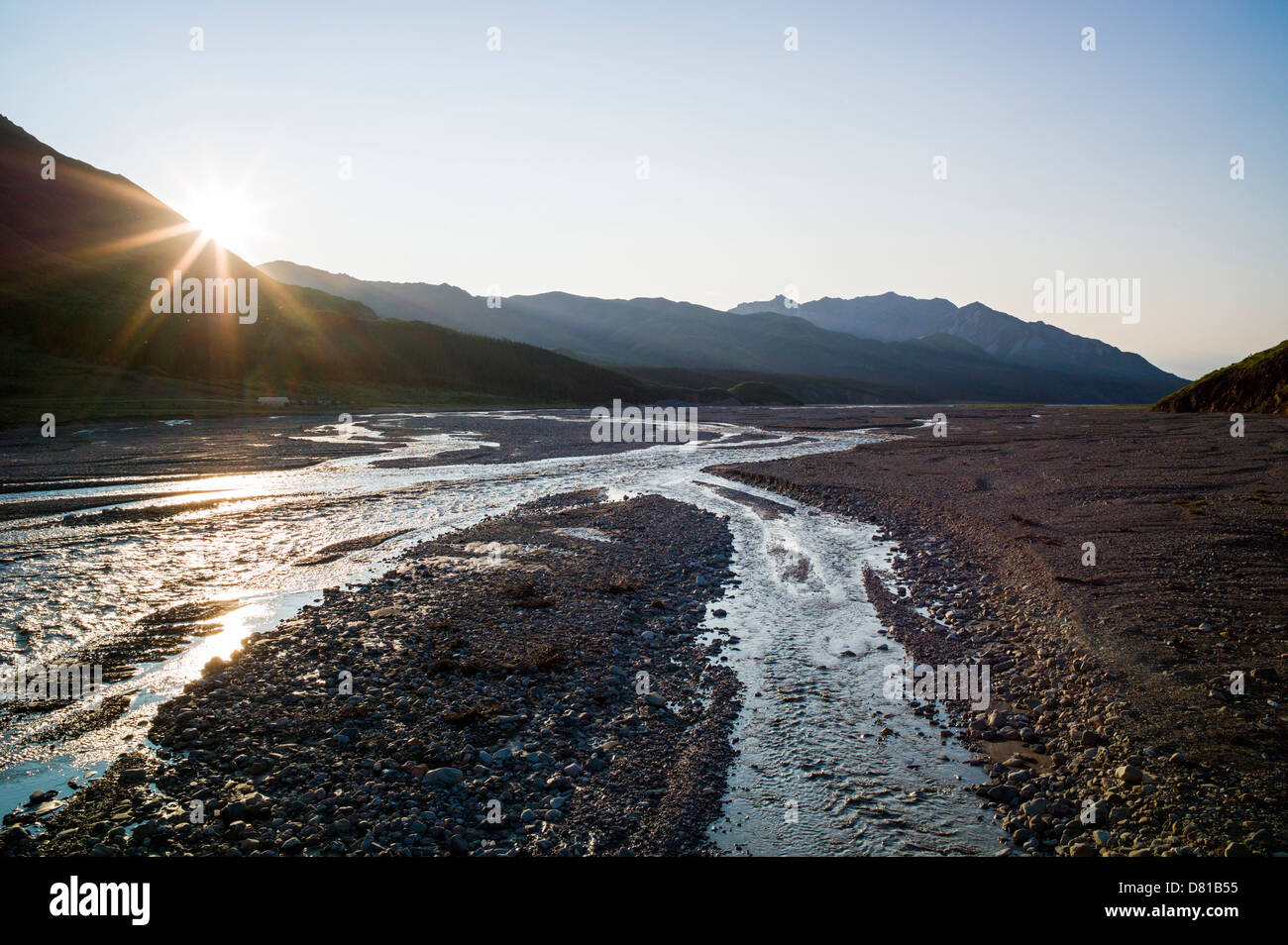 Sunset over the braided Toklat River, Denali National Park, Alaska, USA ...