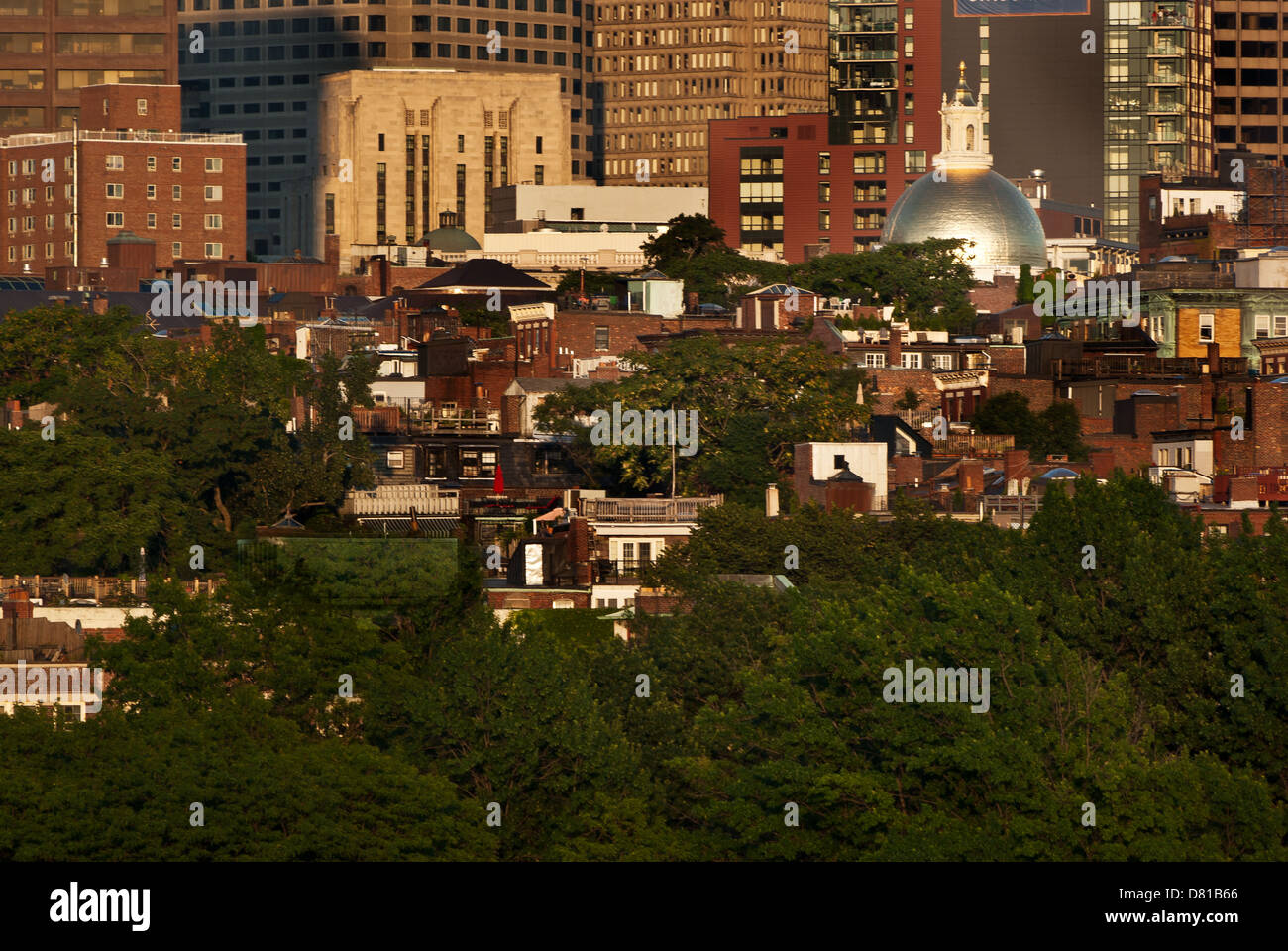 A closeup view of Beacon Hill in Boston as seen from across the Charles ...