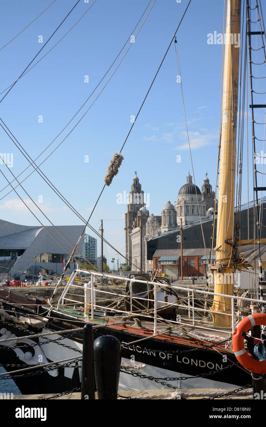 The Liver Building viewed through the rigging of an old sailing ship ...