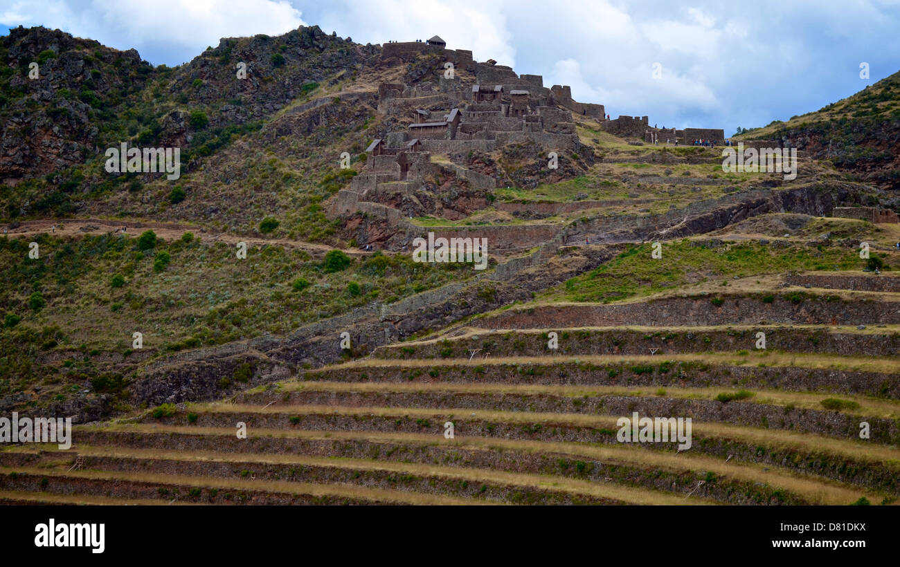 Inca Stone terraces at the Pisaq archaeological site, near Cuzco, Peru ...