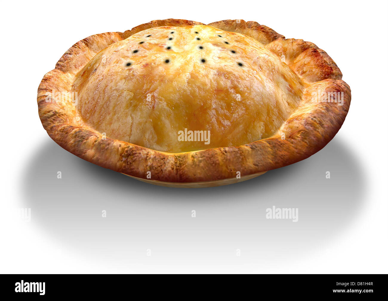 A perspective view of a regular golden baked pastry pie with crimped ...