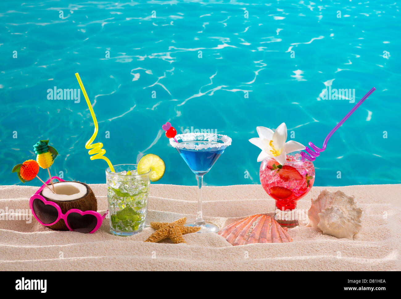 beach tropical cocktails on white sand mojito blue hawaii on white sand ...