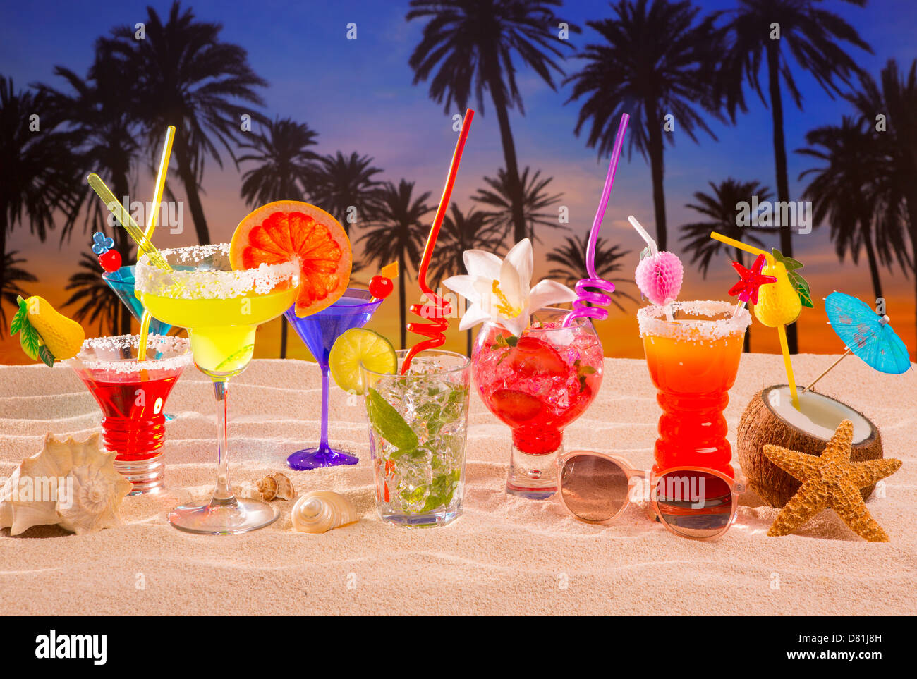 beach tropical cocktails on white sand mojito blue hawaii on sunset ...