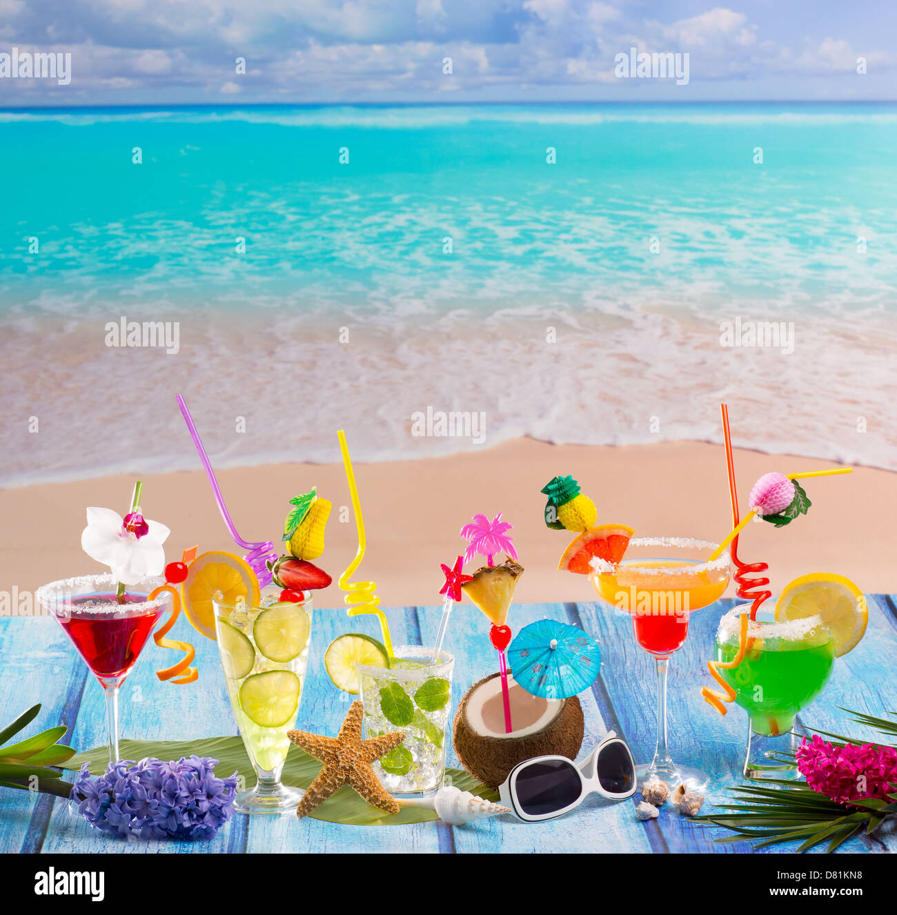 Colorful many tropical Cocktails in tropical blue wood at turquoise ...