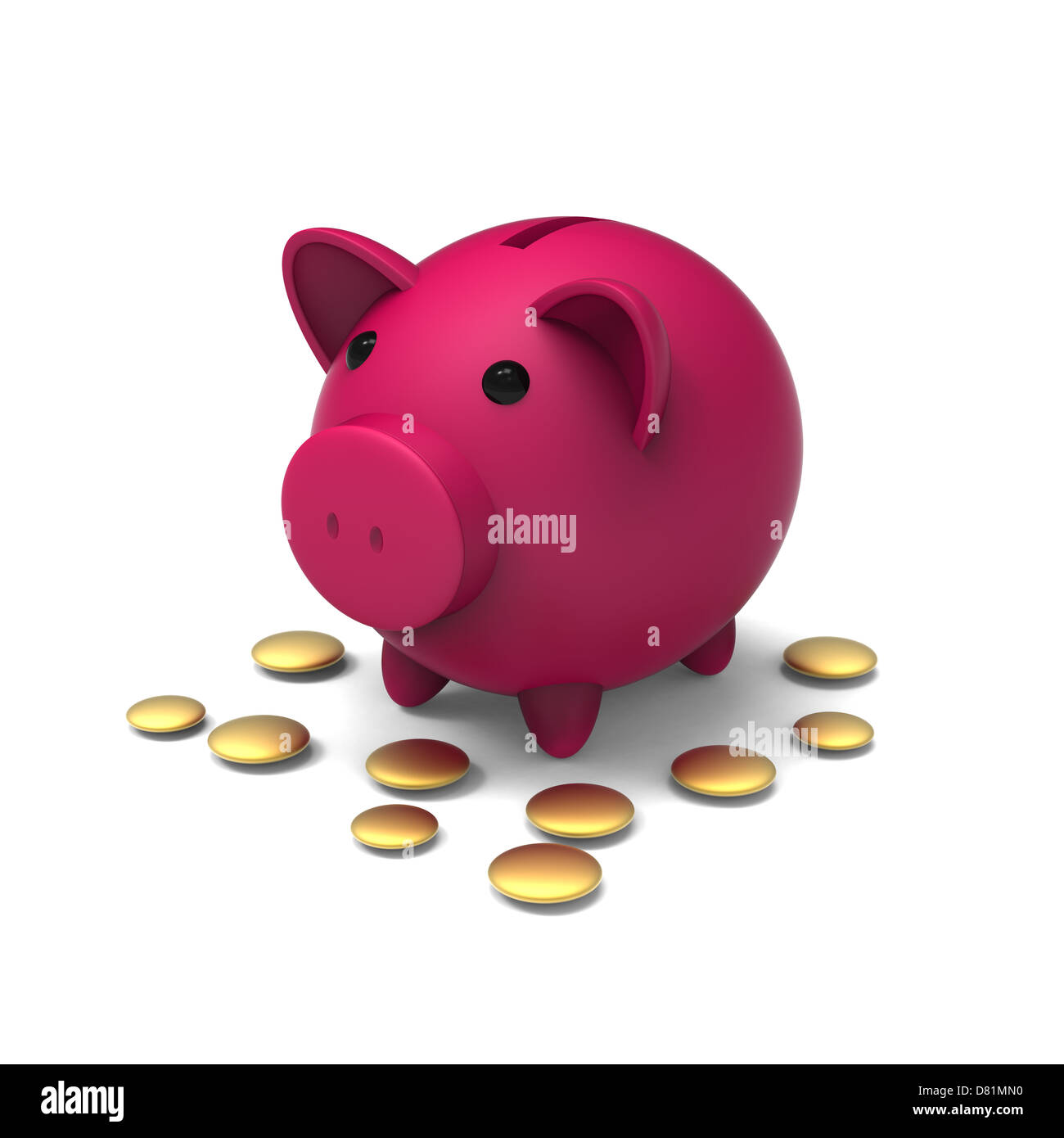 3D model of cute and pretty piggy bank and golden coins on white ...