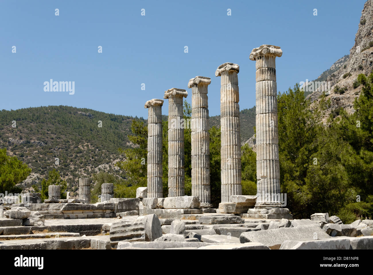 Priene. Turkey. The ruins and the five re-erected columns of the 4th ...