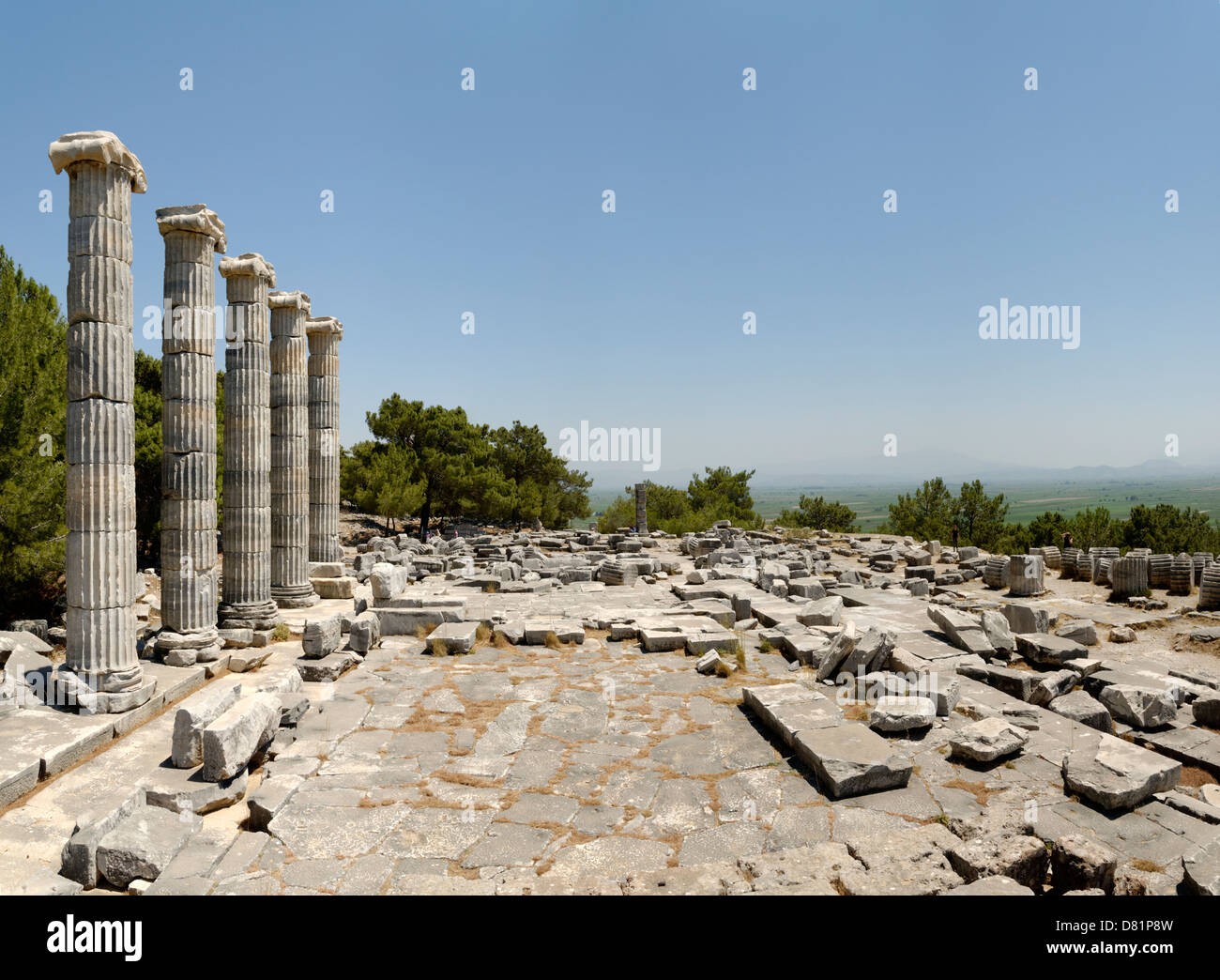 Priene. Turkey. The ruins and the five re-erected columns of the 4th ...