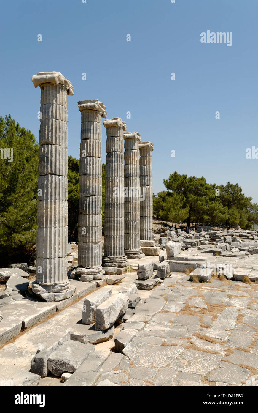 Priene. Turkey. The ruins and the five re-erected columns of the 4th ...