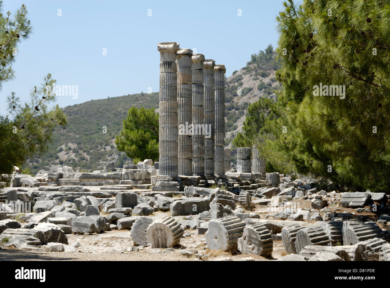 Priene. Turkey. The ruins and the five re-erected columns of the 4th ...