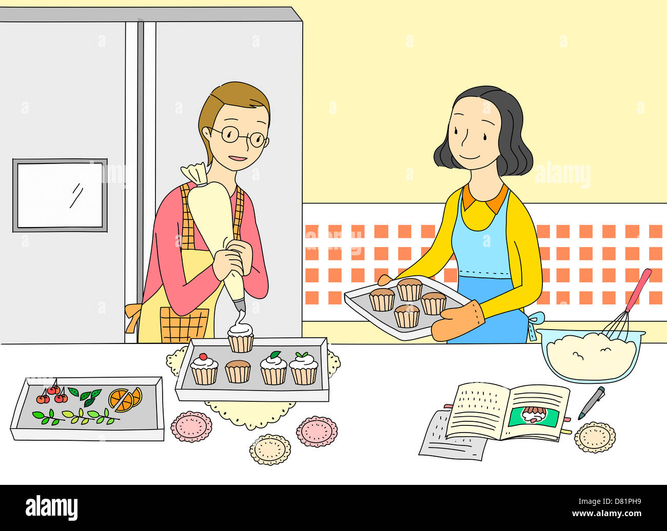 An illustration showing two friends baking cupcakes Stock Photo - Alamy
