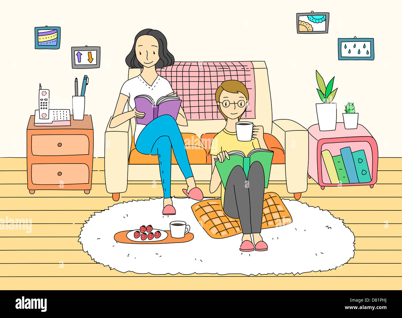 An illustration showing two friends reading books Stock Photo - Alamy