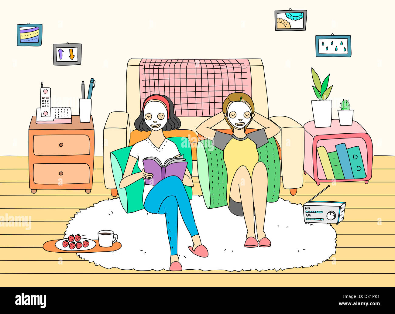 An illustration showing two friends relaxing Stock Photo - Alamy