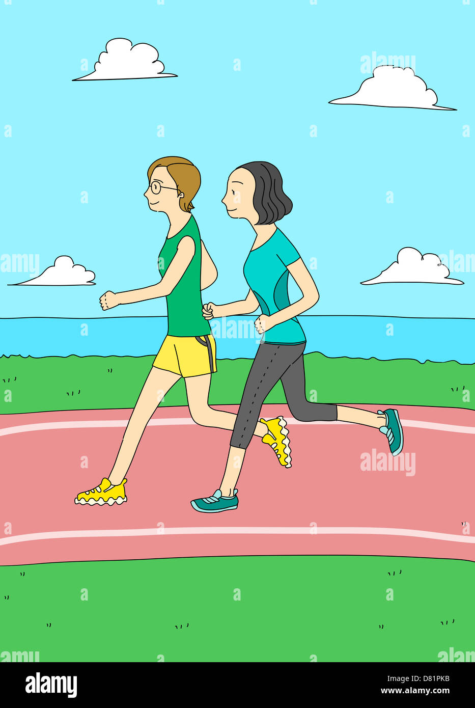 An illustration showing two friends running on a track Stock Photo - Alamy