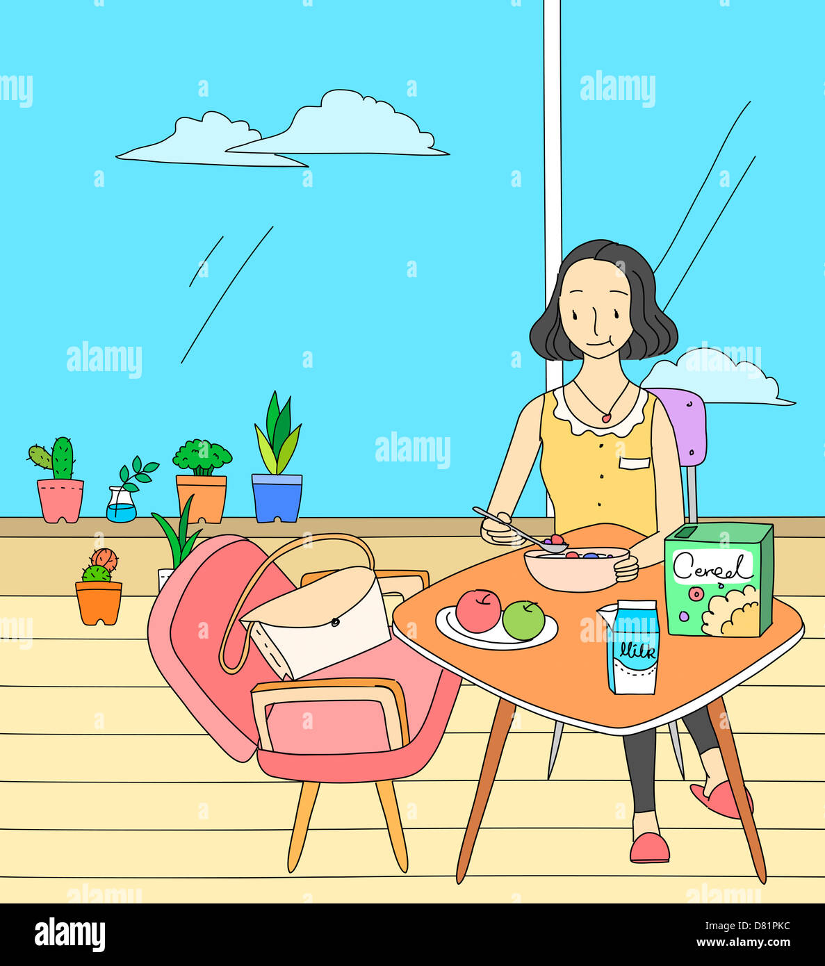 An illustration showing a woman eating breakfast Stock Photo - Alamy