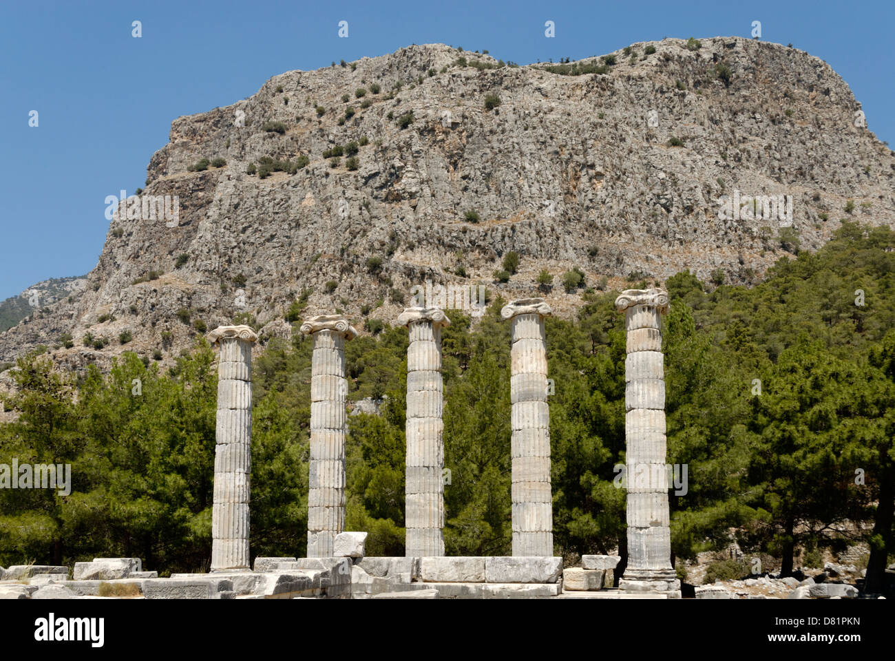 Priene. Turkey. The ruins and the five re-erected columns of the 4th ...