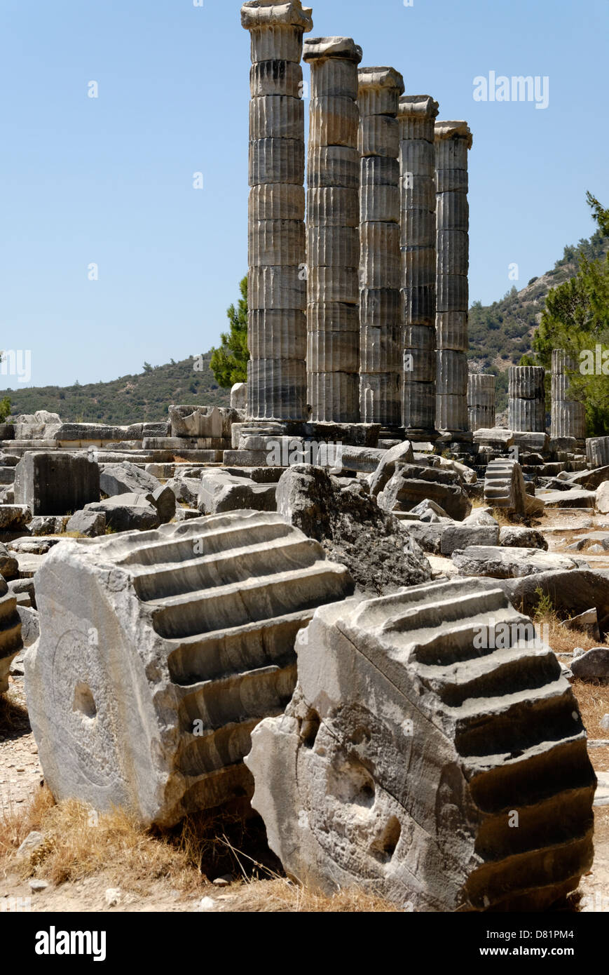 Priene. Turkey. The ruins and the five re-erected columns of the 4th ...
