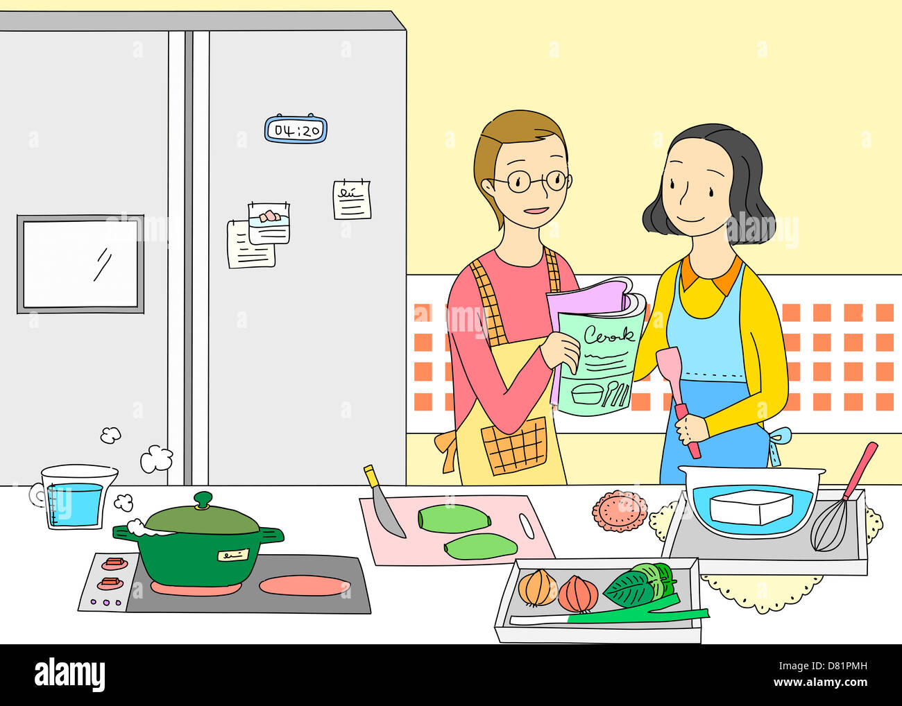 An illustration showing two friends cooking a meal Stock Photo - Alamy