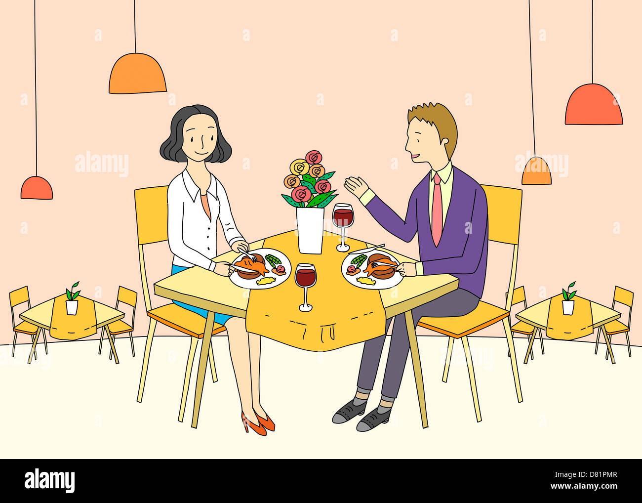 An illustration showing two friends having dinner Stock Photo - Alamy