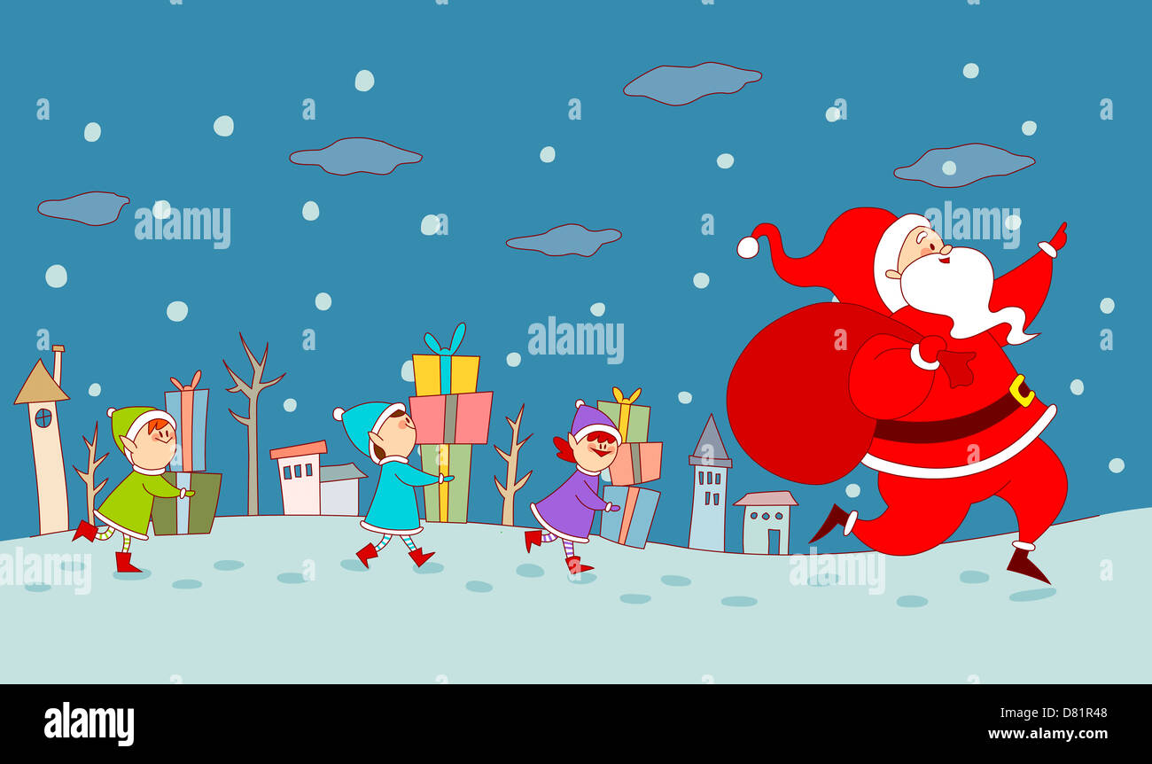 An illustration of Santa and his elves Stock Photo - Alamy