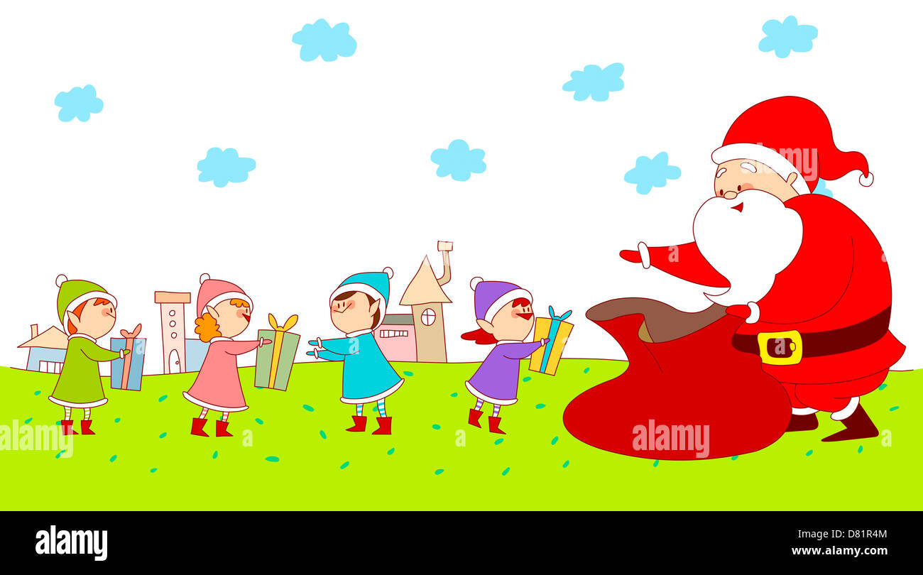 An illustration of Santa and his elves Stock Photo - Alamy