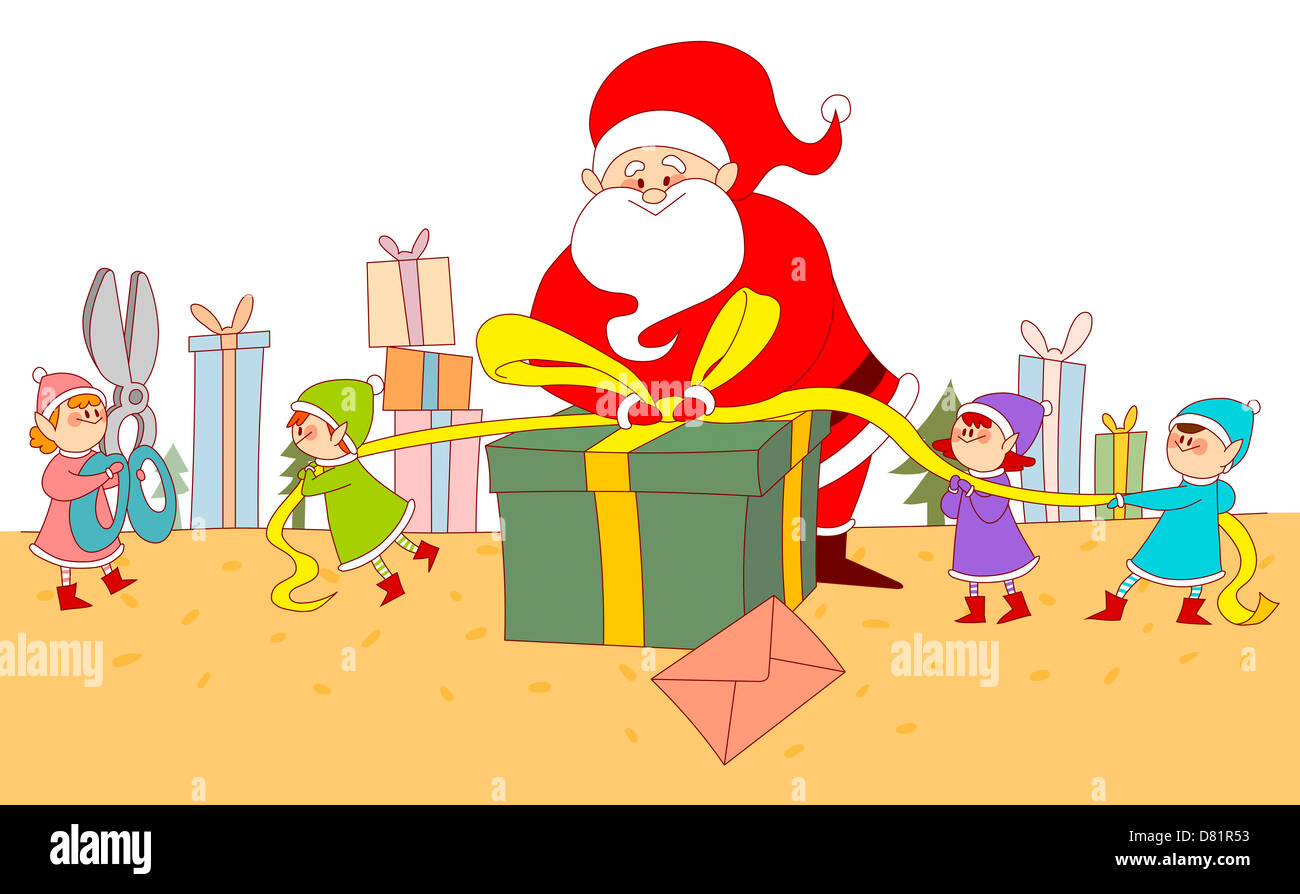 An illustration of Santa and his elves Stock Photo - Alamy