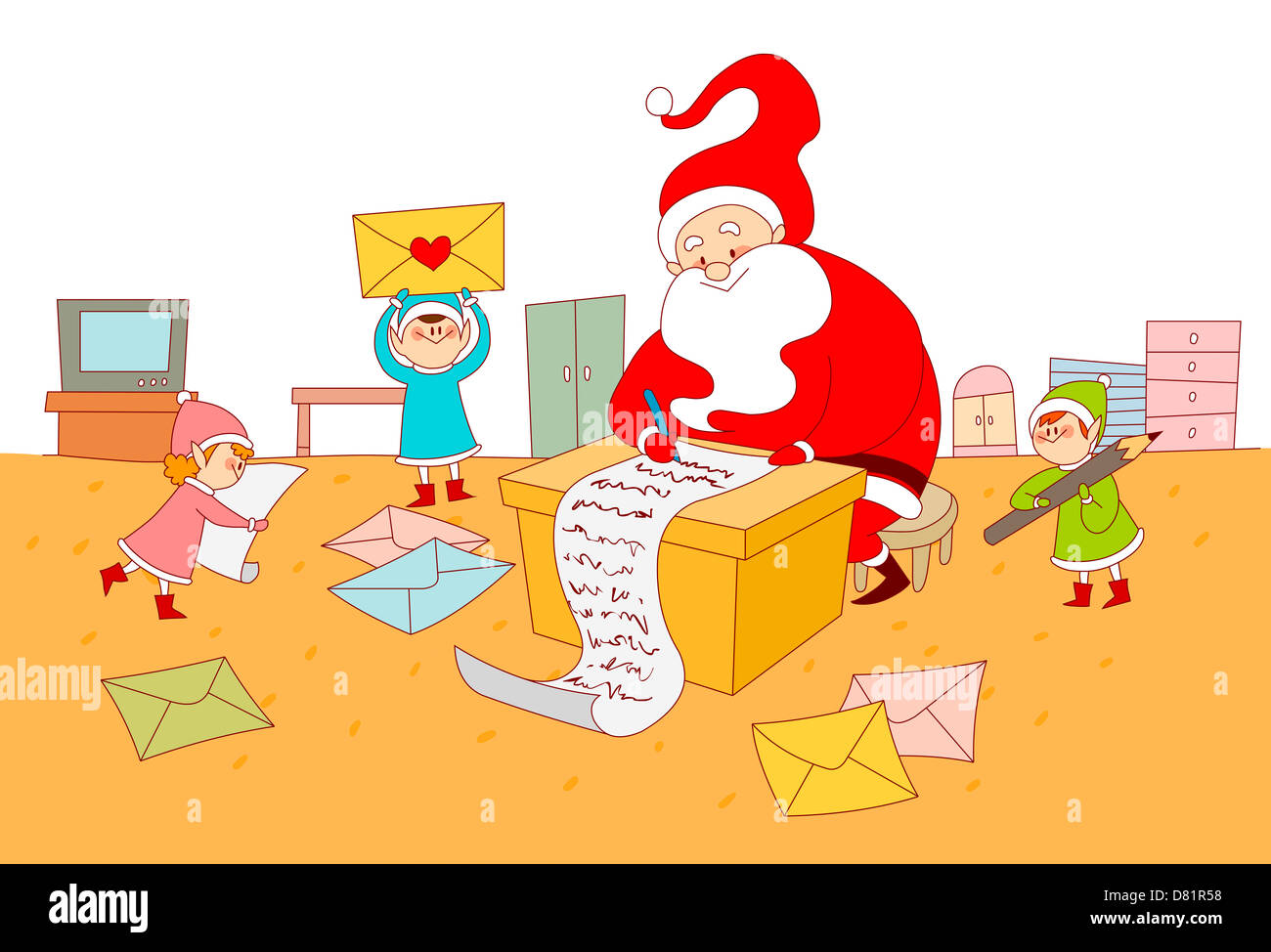 An illustration of Santa and his elves Stock Photo - Alamy