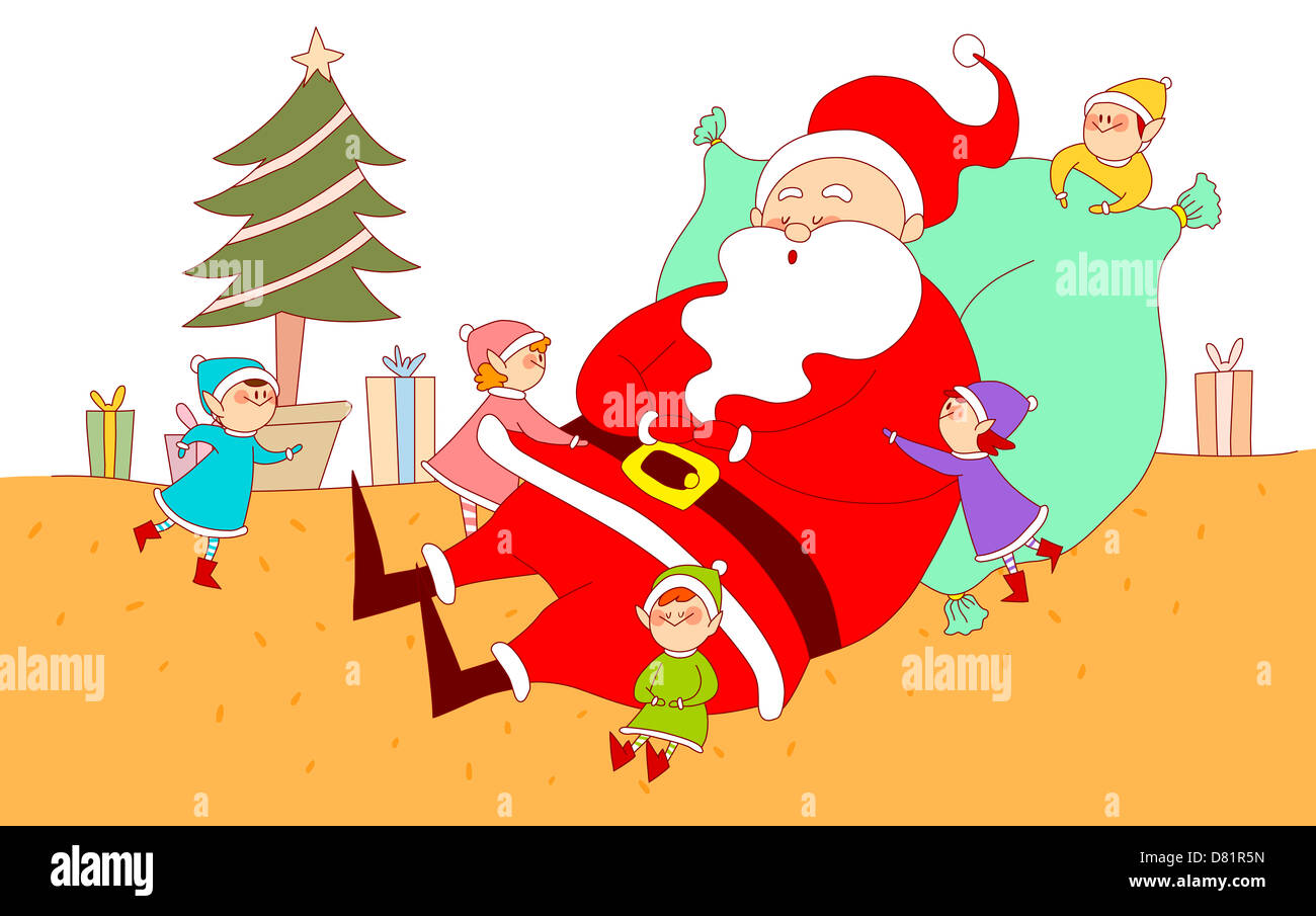An illustration of Santa and his elves Stock Photo - Alamy